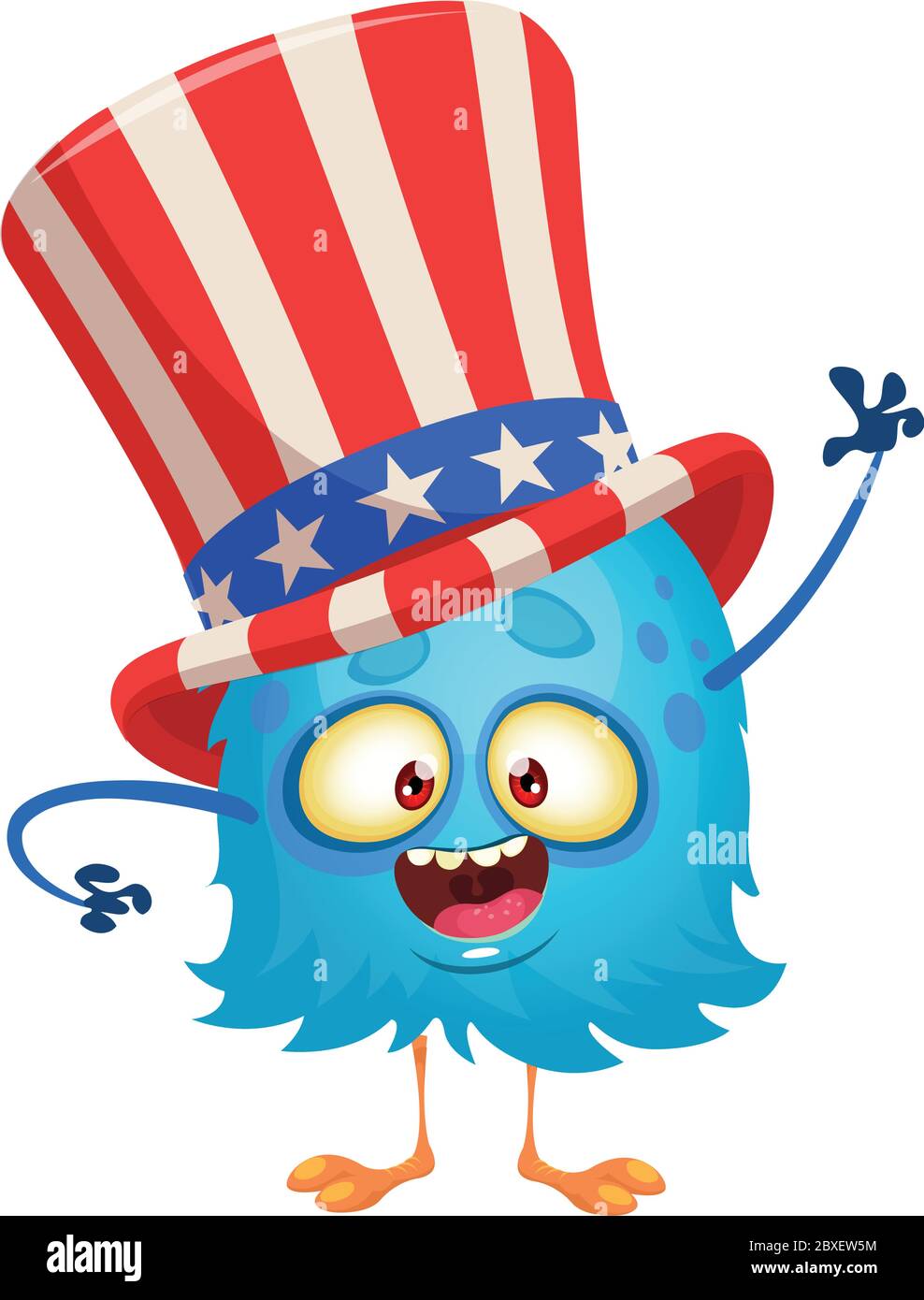 Amusing fluffy blue cartoon monster wearing Uncle Sam hat. Design ...