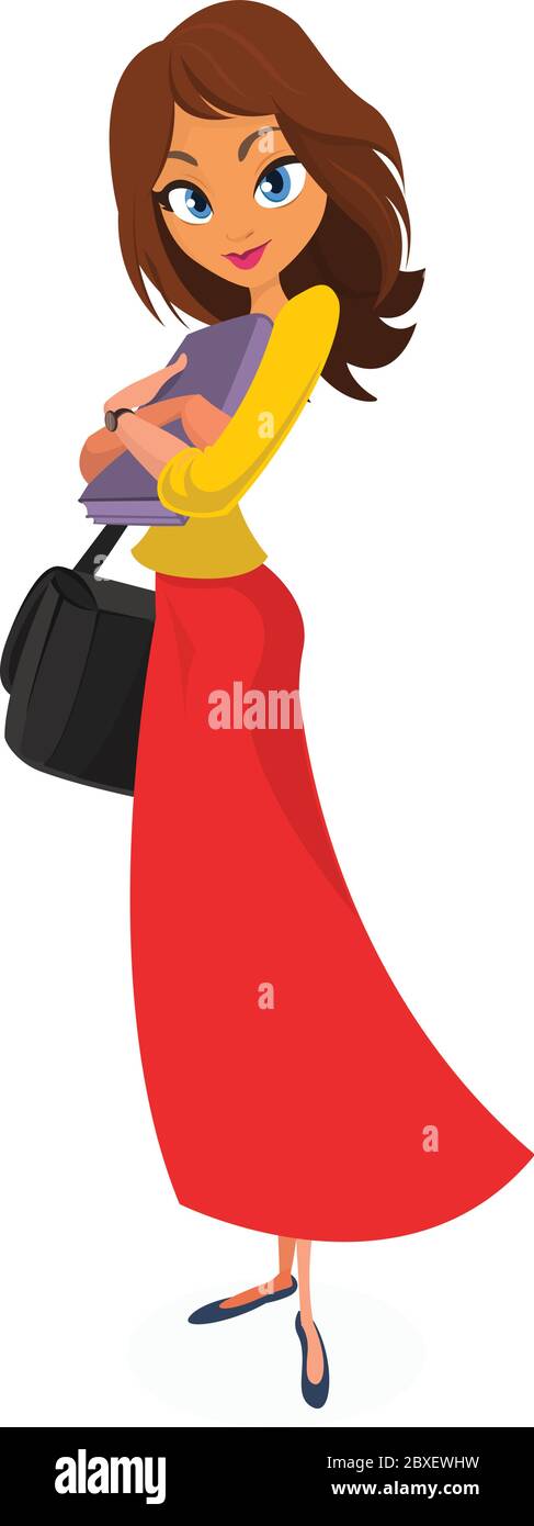 Cartoon model woman. Vector illustration of woman in red casual dress ...