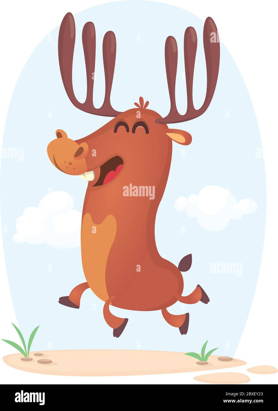 Funny cute cartoon moose character standing on the meadow background ...
