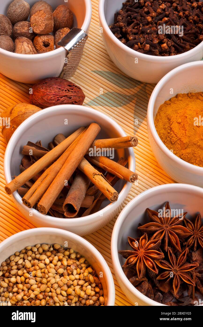 A range of spices - They are Turmeric, Cloves, Coriander Seeds, Nutmeg ...