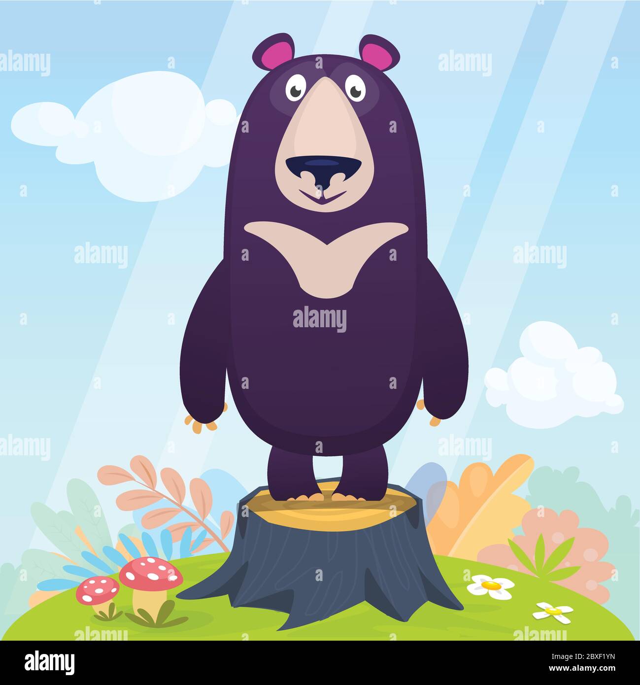 Cartoon happy bear waving hand stand on a tree stump. Vector ...