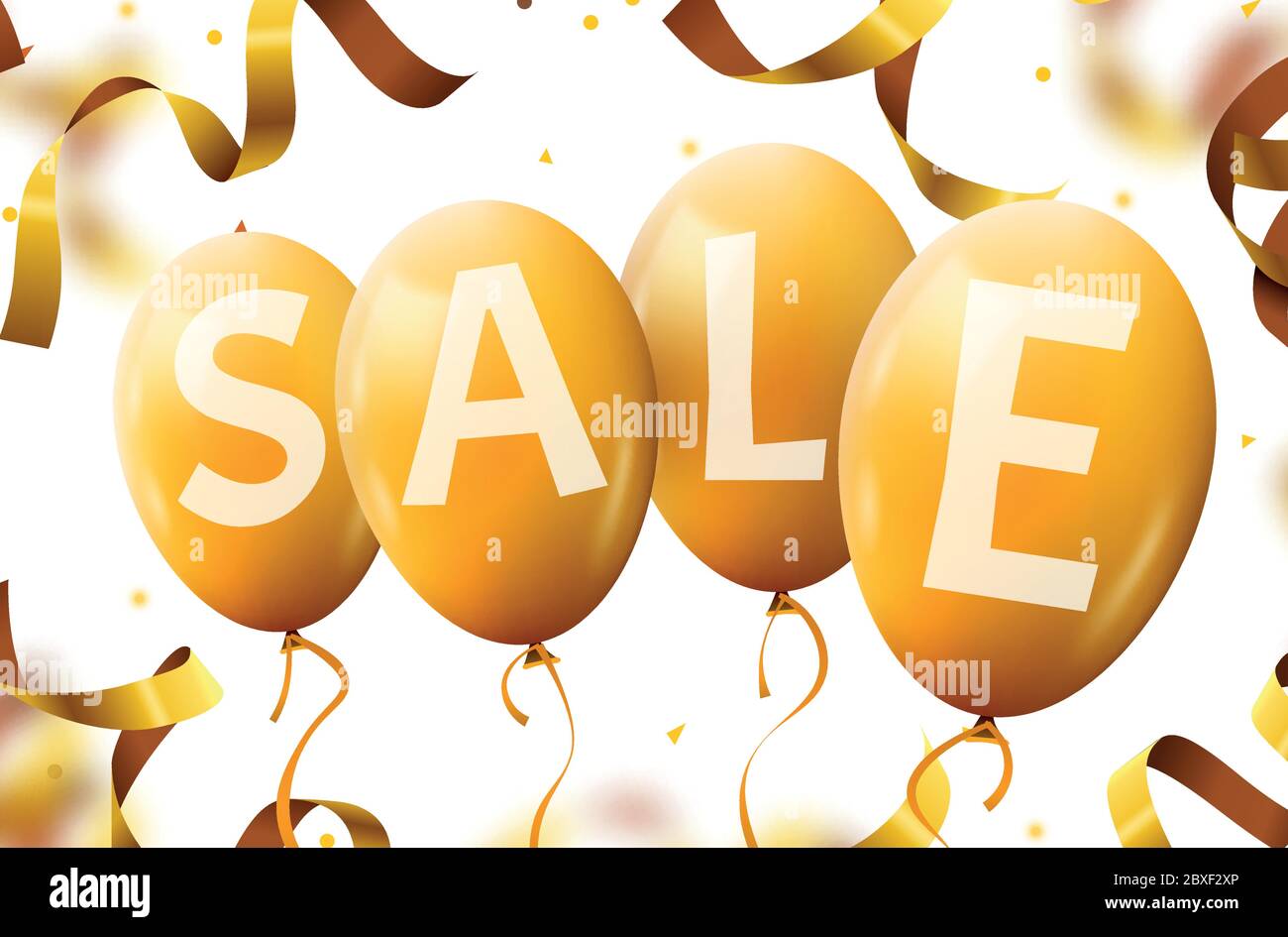 Flying balloons, concept of sale for shops. Four yellow flying party ...