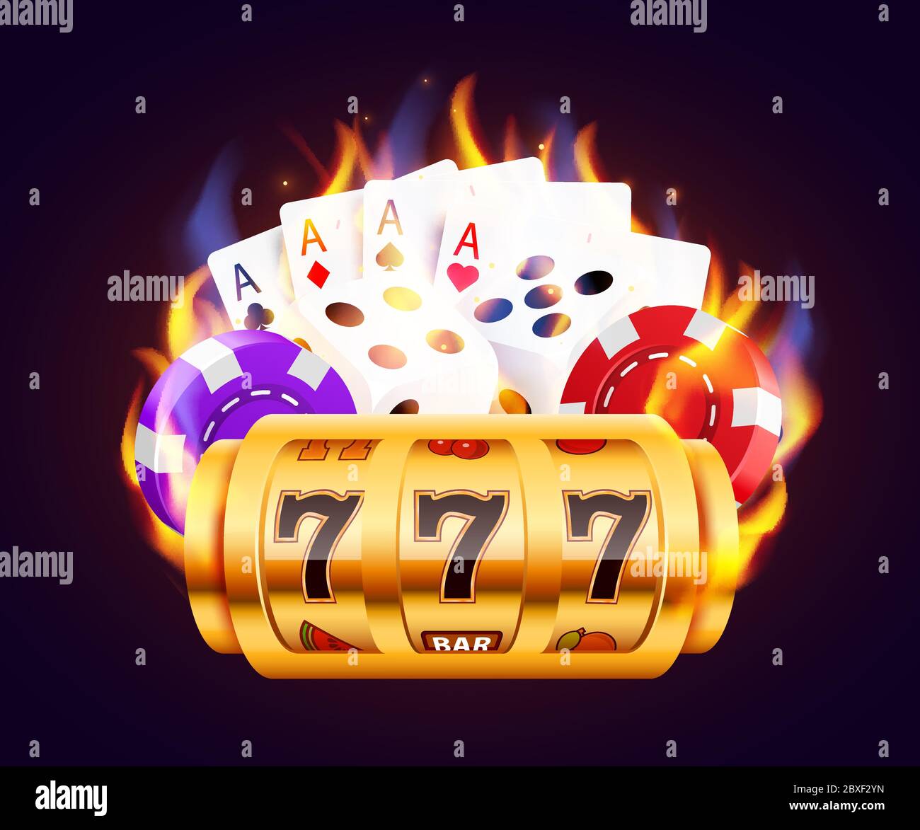 Burning slot machine, dices, poker cards wins wins the jackpot. Fire ...