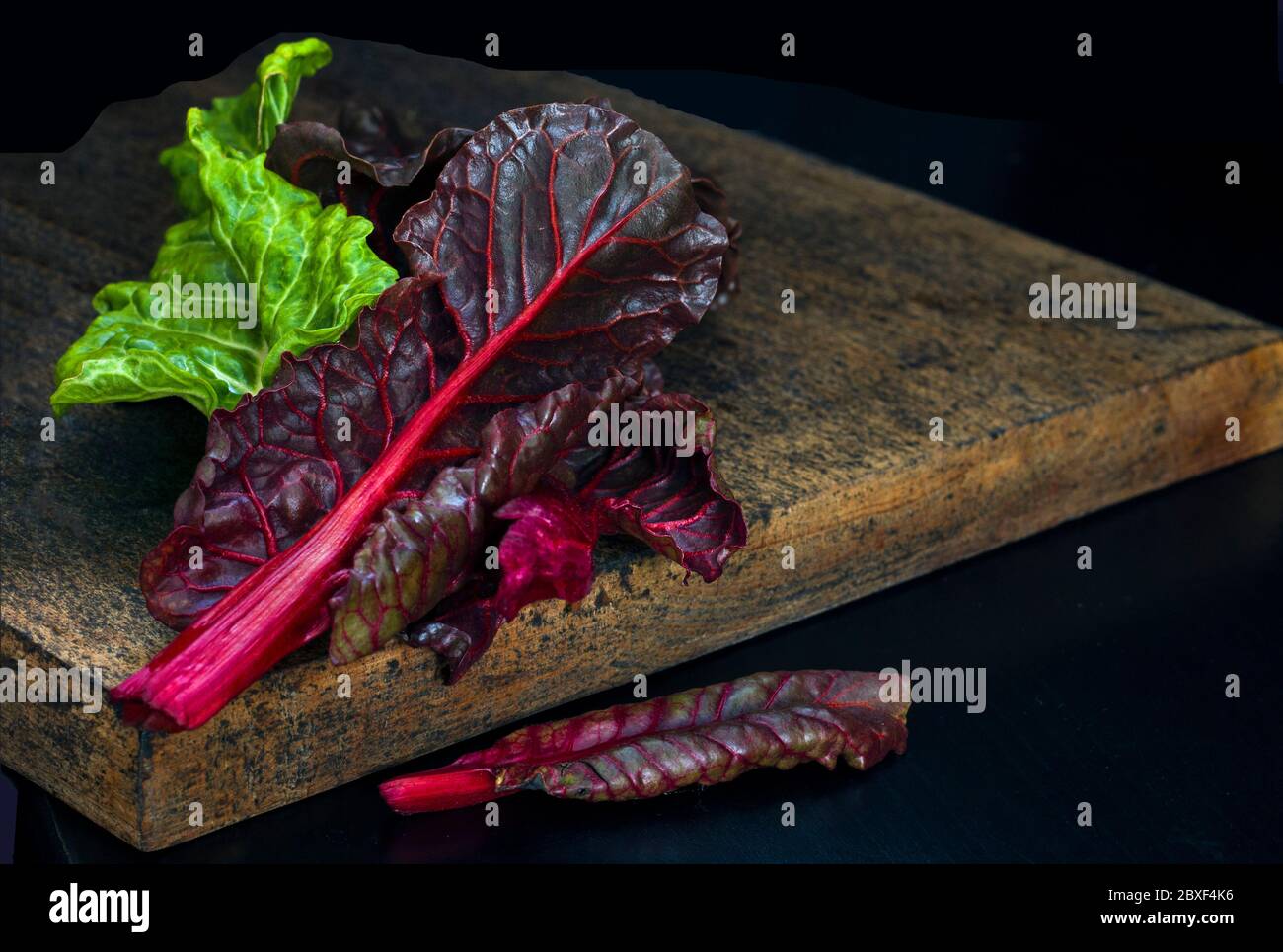 Fresh leaves of swiss chard in green and burgundy colors on a dark ...