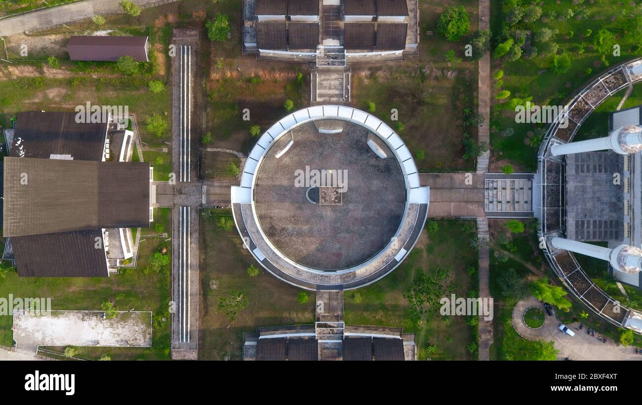 Aerial view of Al Abrar Mosque with forest background in the month of ...