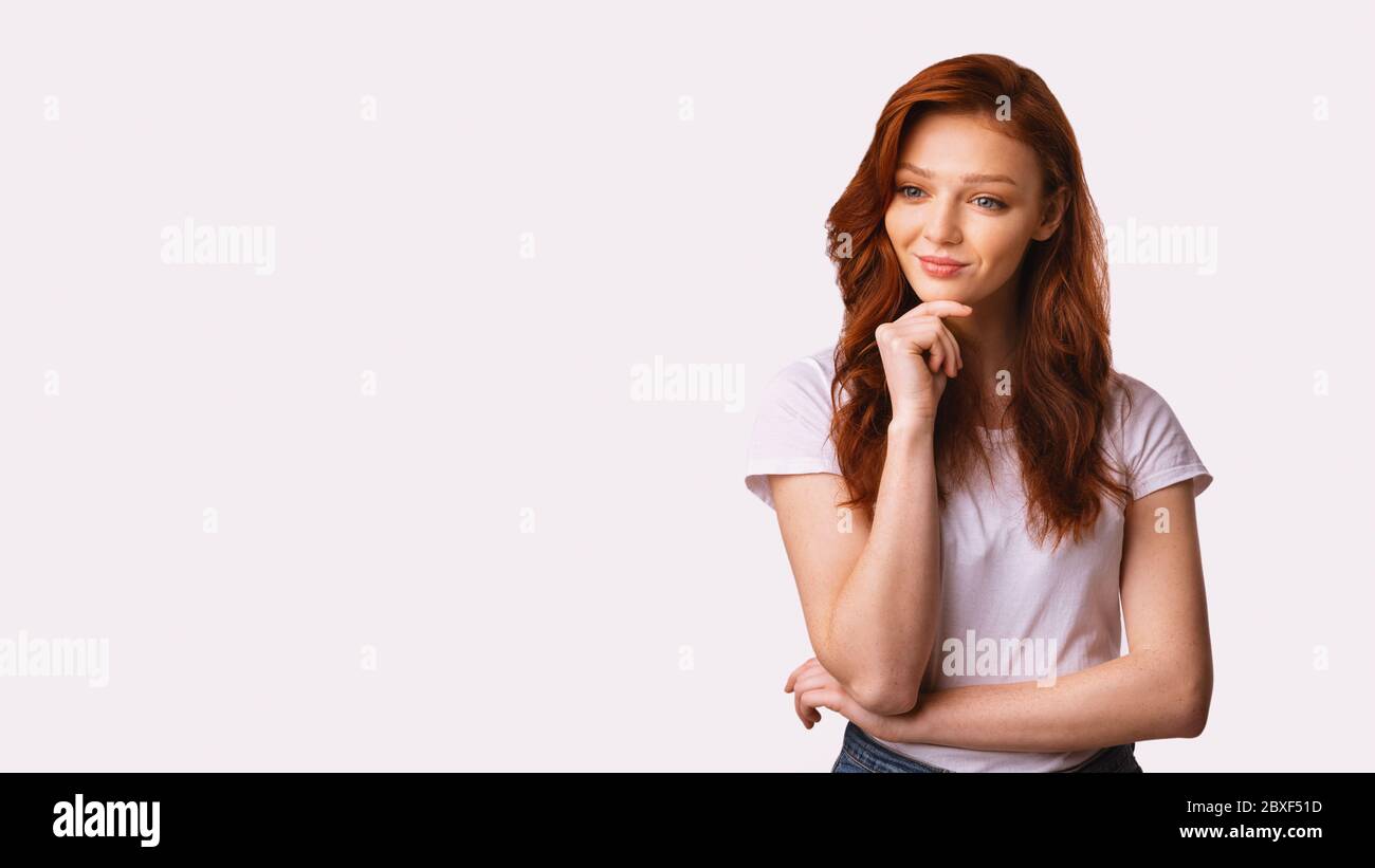 Millennial Girl Thinking Posing Standing Over White Studio Background ...