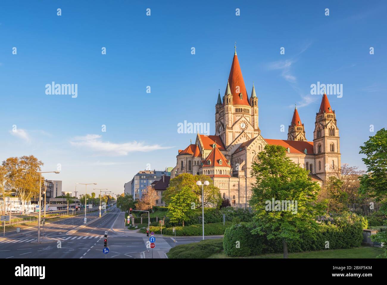 Vienna Austria city skyline at St. Francis of Assisi Church Stock Photo ...