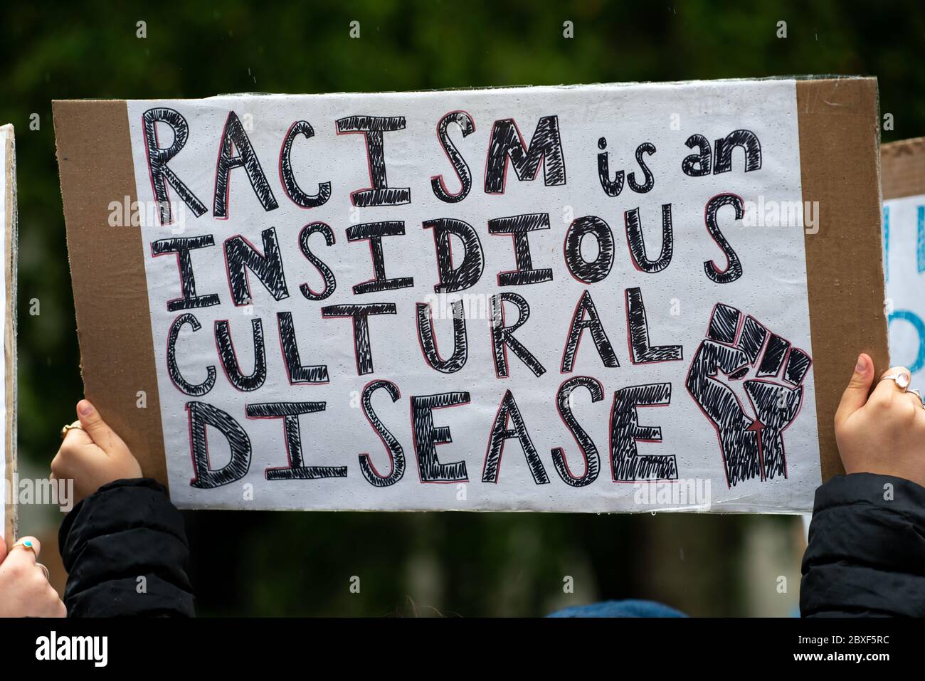 Protester holding up campaign / supportive poster/ sign, at the London ...