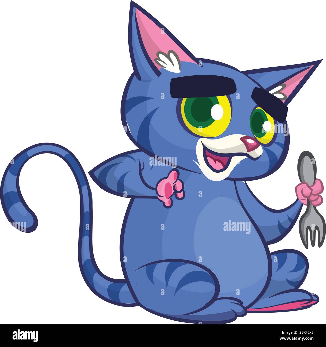 Cute and funny cartoon cat holding fork. Vector illustration Stock ...