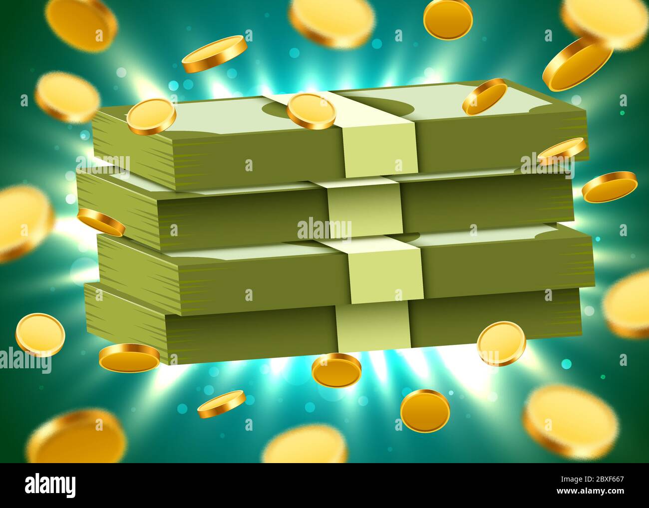 Stack of dollars on bright background with coins and light beams. Money ...