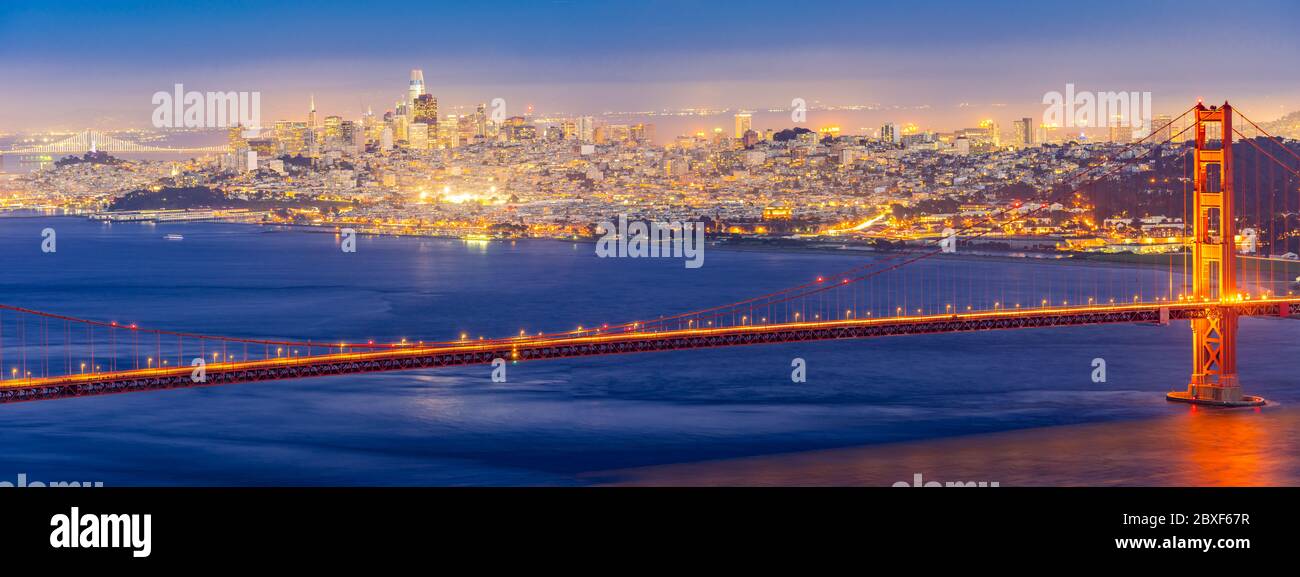 Panorama Sunset Golden Gate bridge Viewpoint with beautiful cityscape ...
