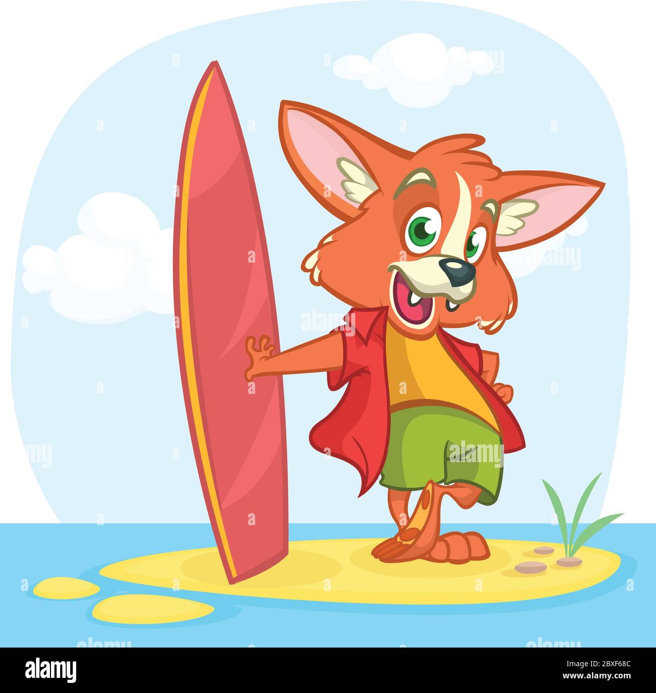 Cartoon summer holiday background with fox surfer. Vector illustration ...