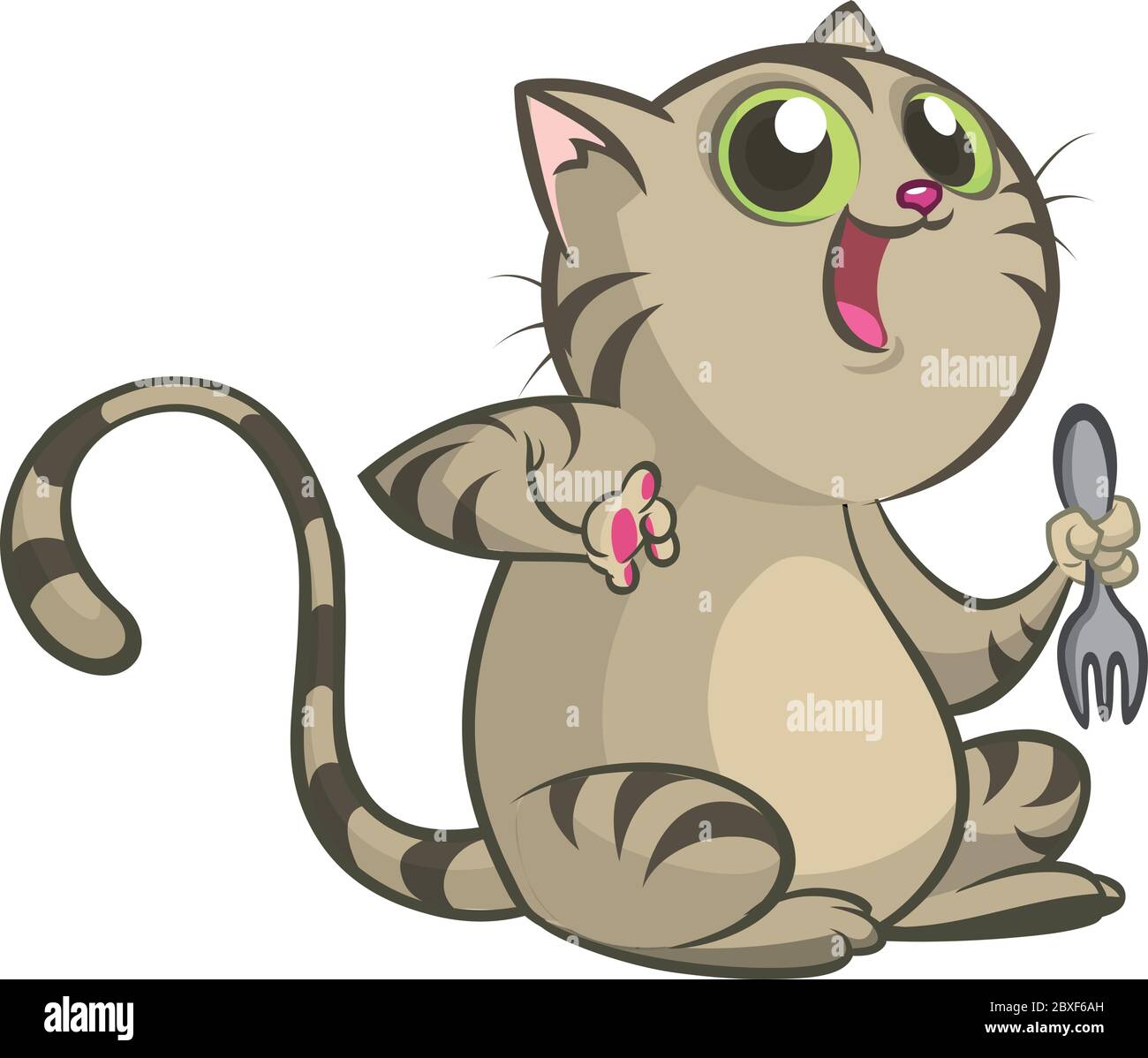 Cute and funny cartoon cat holding fork. Vector illustration Stock ...