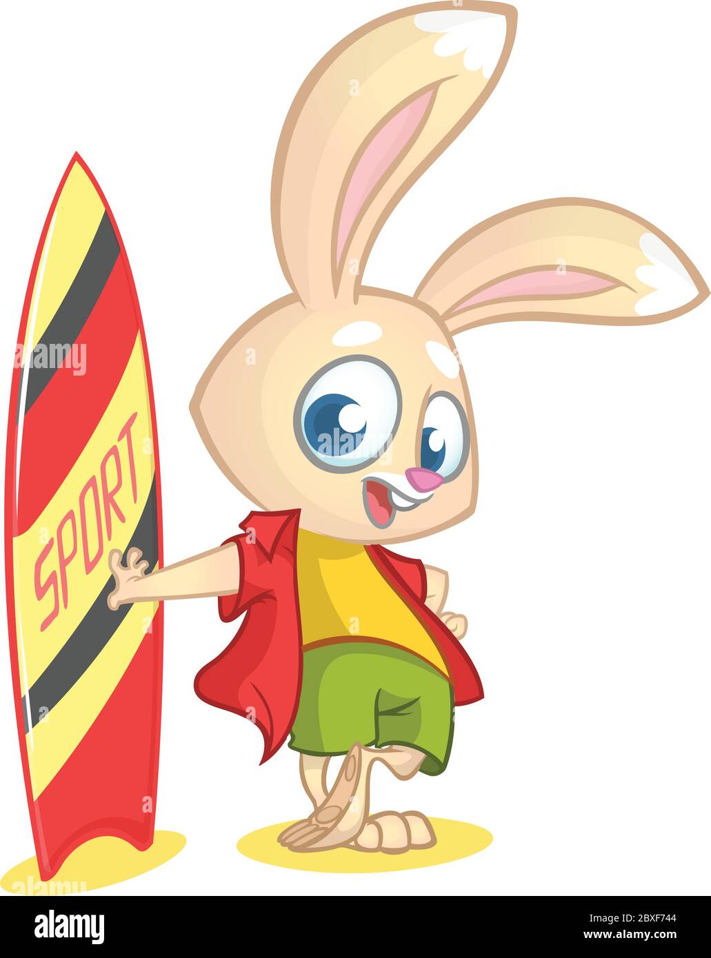 Cartoon rabbit surfer. Vector illustration of white bunny standing with ...