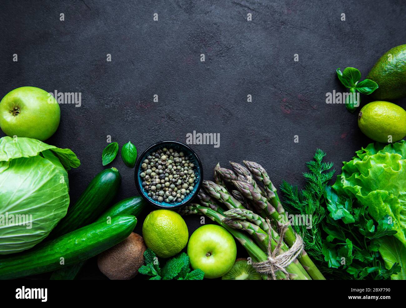 Healthy vegetarian food concept background, fresh green food selection ...