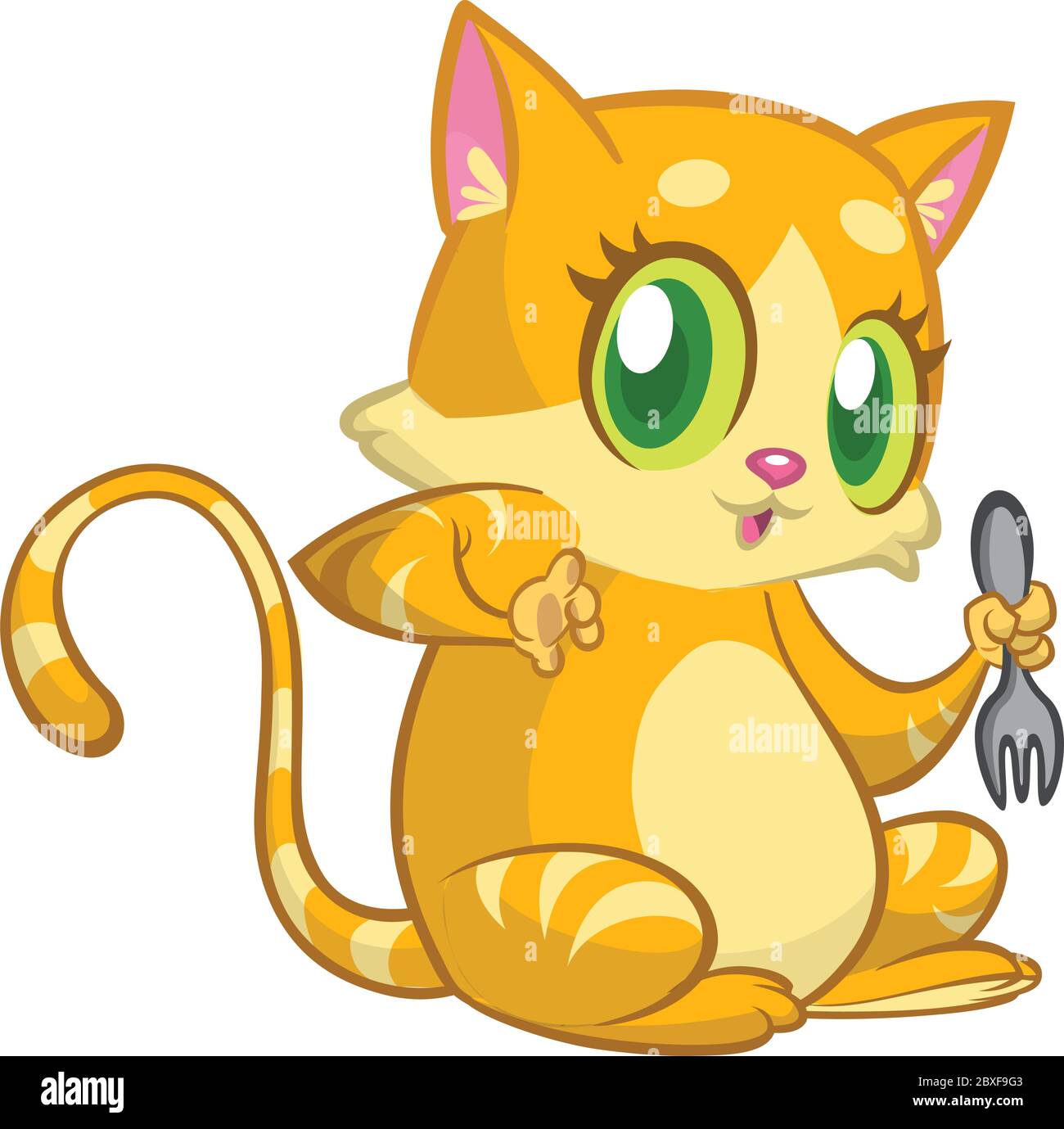 Cute and funny cartoon cat holding fork. Vector illustration Stock ...