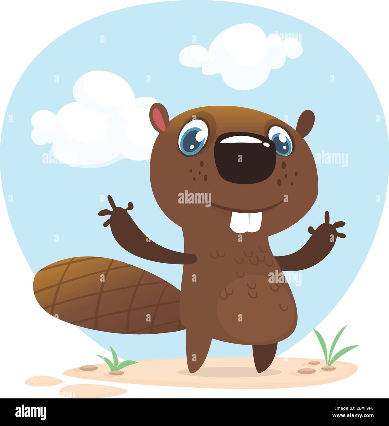 Cute funny cartoon vector beaver waving with his hands. Fluffy beaver ...