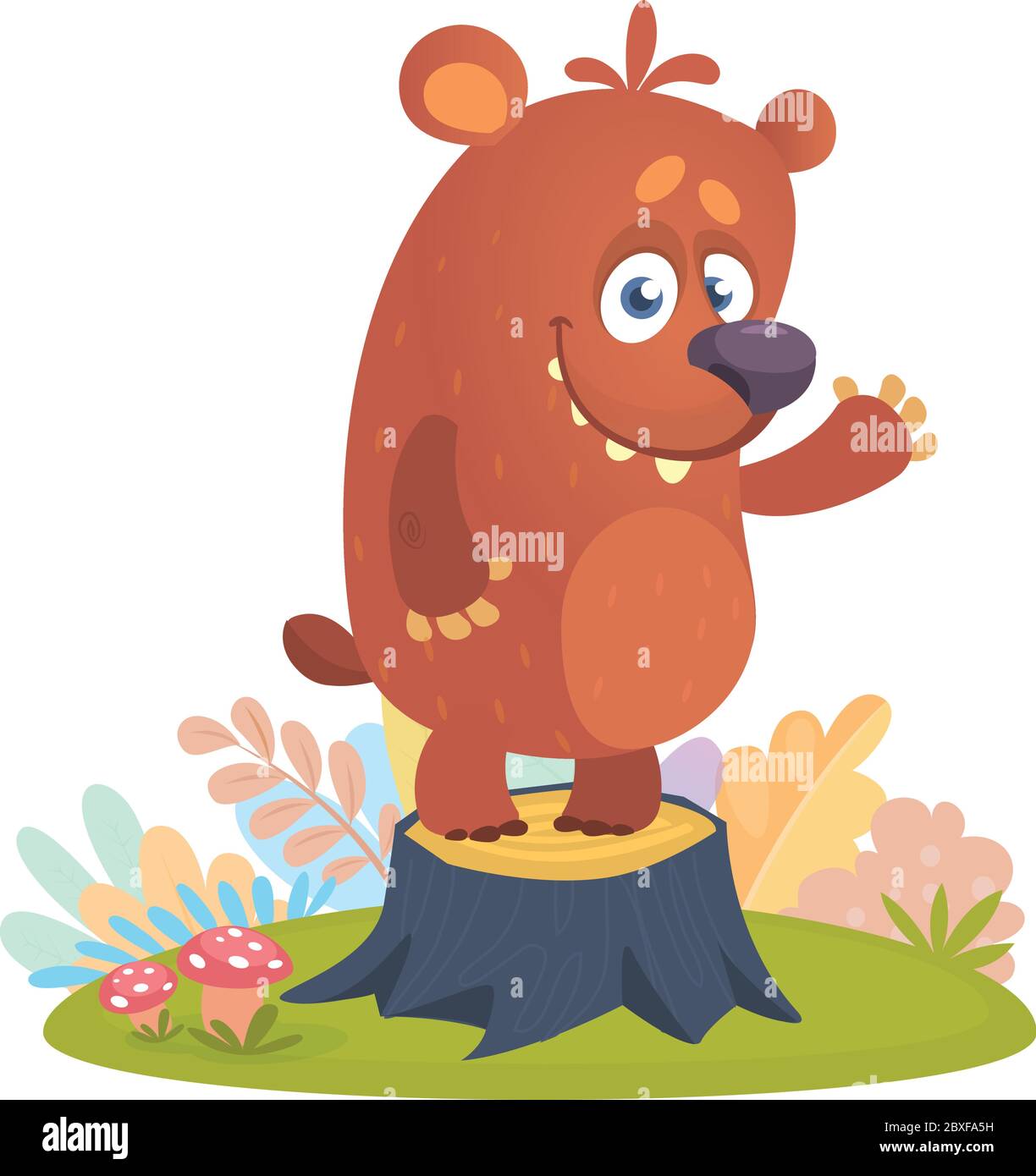 Cartoon little bear standing on tree stump in summer season background ...