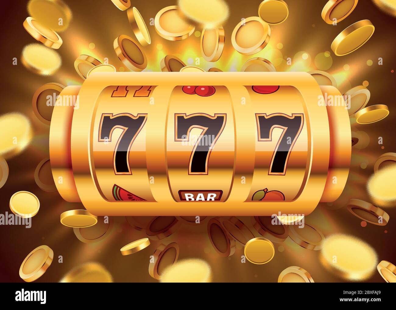 Golden slot machine with flying golden coins wins the jackpot. Big win ...