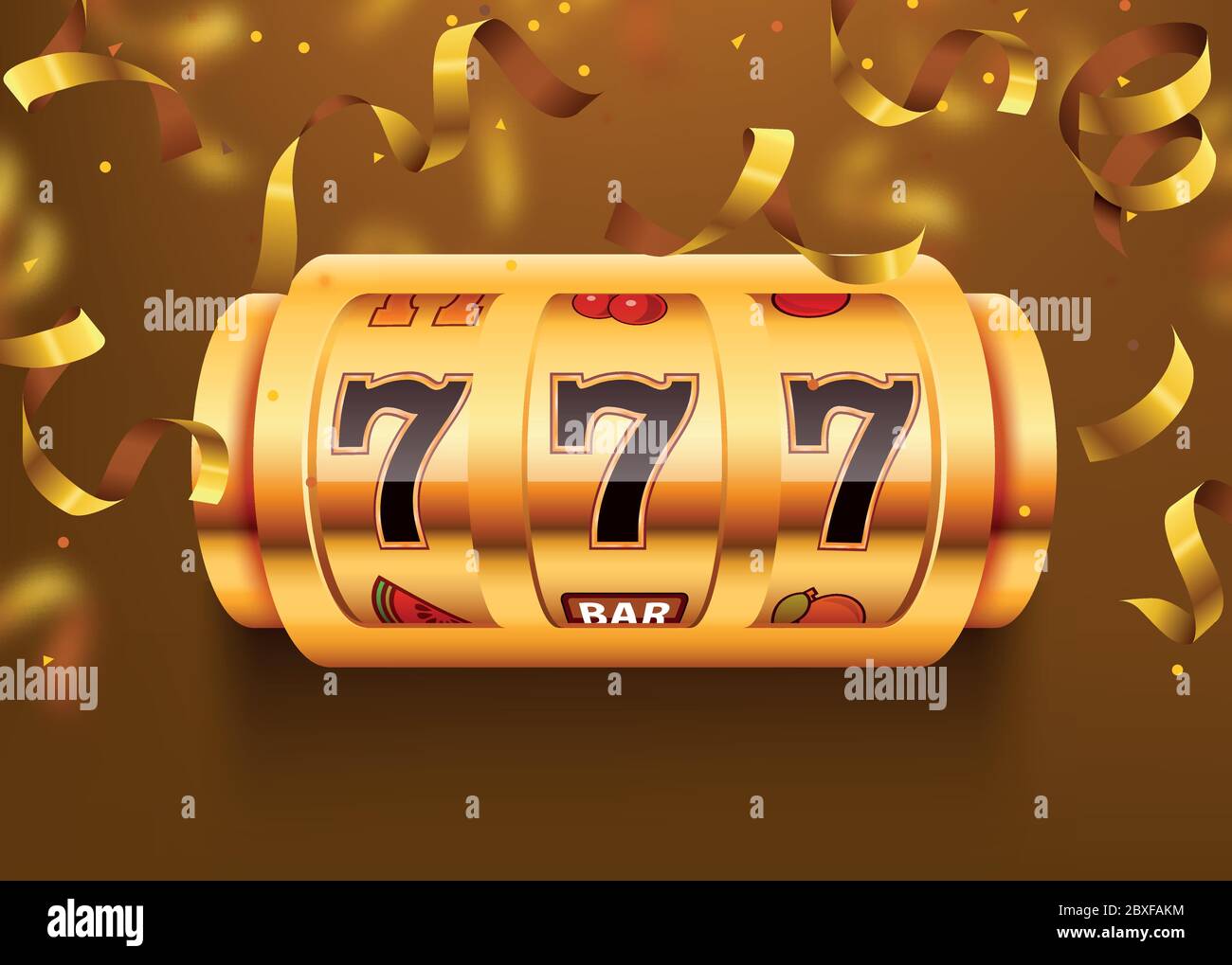 Golden slot machine with flying golden confetti wins the jackpot. Big ...