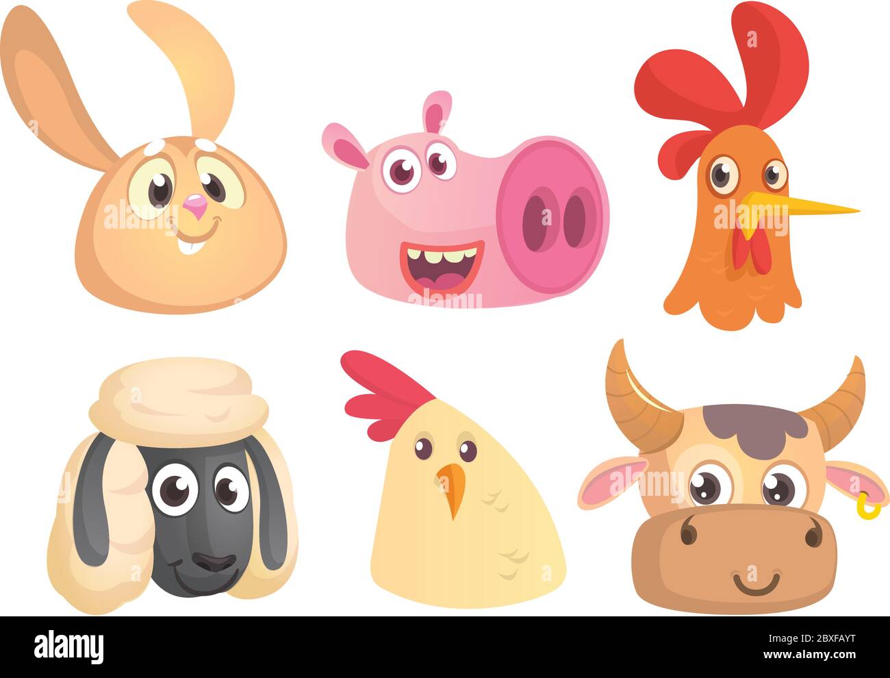 Set of cartoon farm animals head icons. Vector collection of farm ...