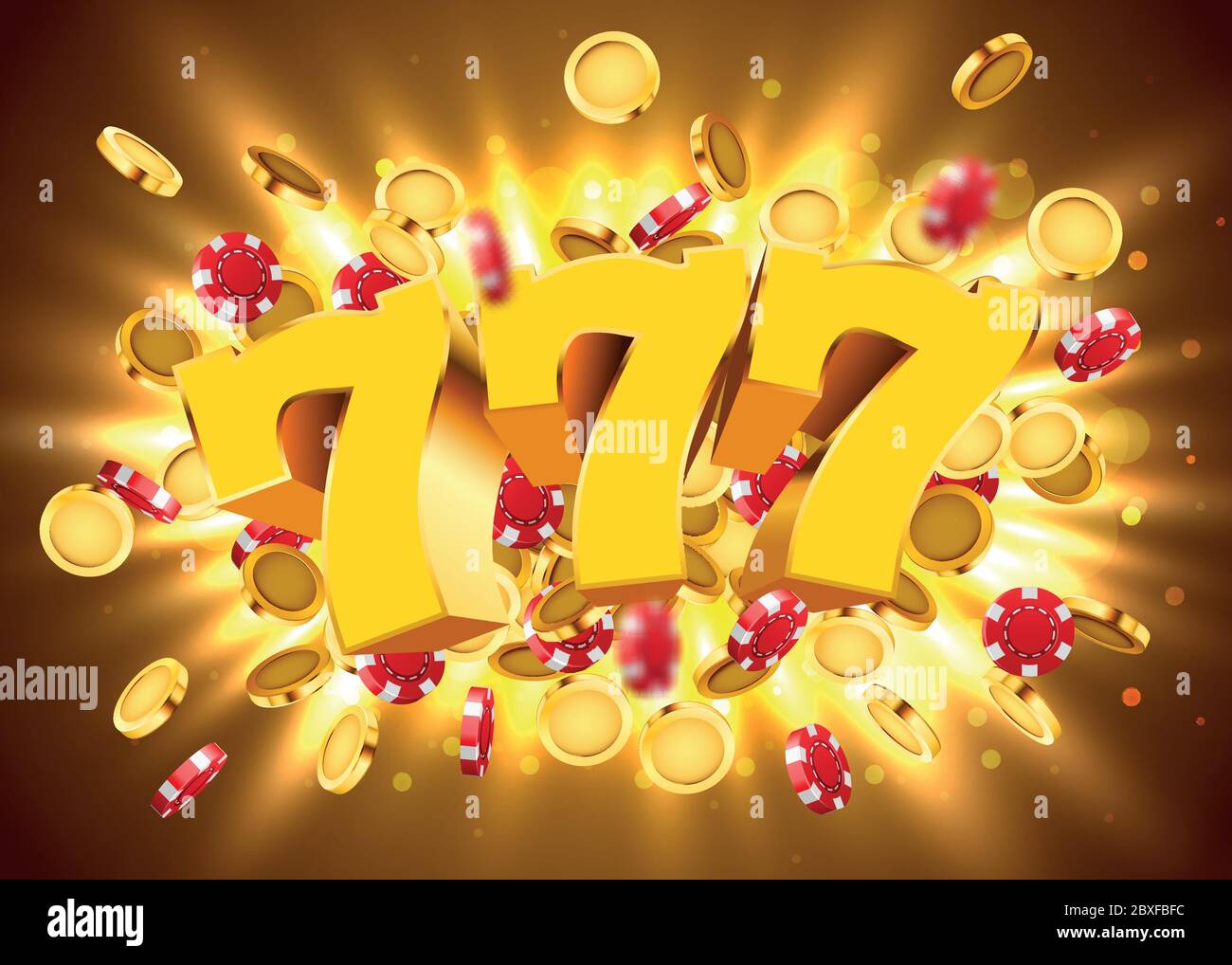 Golden slot machine 777 with flying golden coins and chips wins the jackpot. Big win concept ...