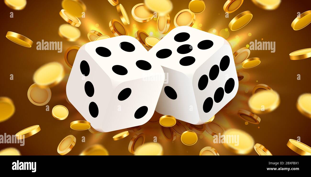 Two dices, surrounded by a luminous frame and coin explosion. Luck ...
