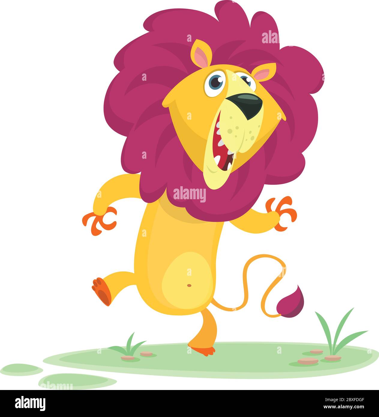 Funny cartoon lion dancing. Vector image isolated on simple Savannah ...