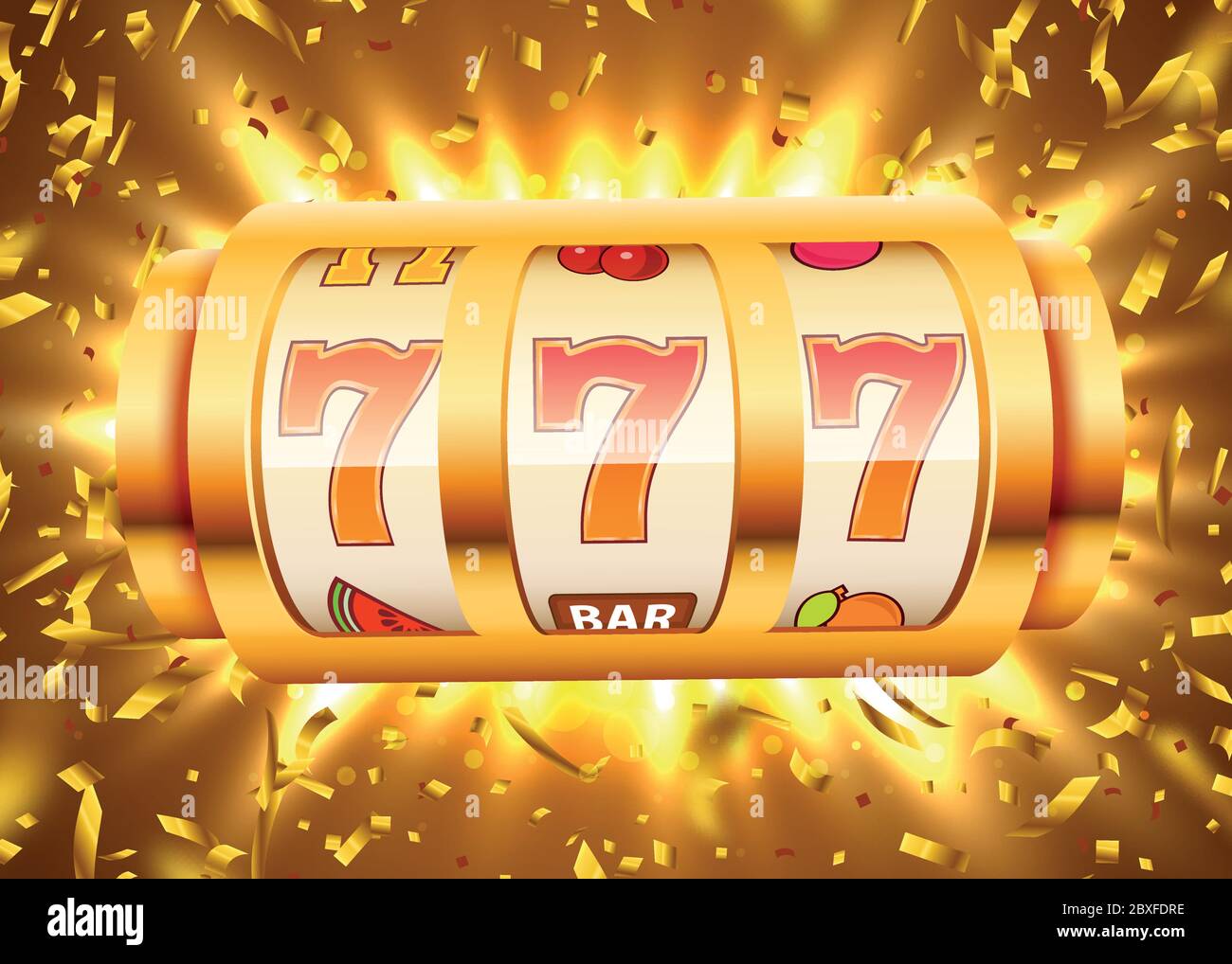 Golden slot machine with flying golden confetti wins the jackpot. Big win concept. Vector ...