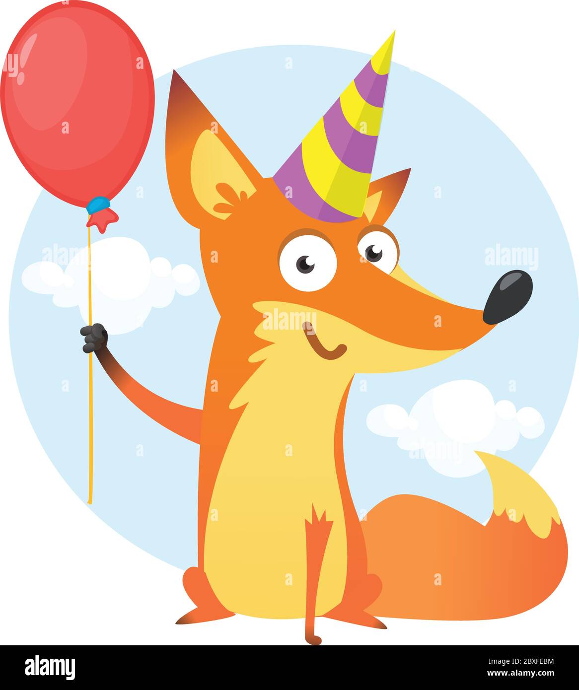 Funny cartoon fox holding red balloon and birthday party hat. Vector ...