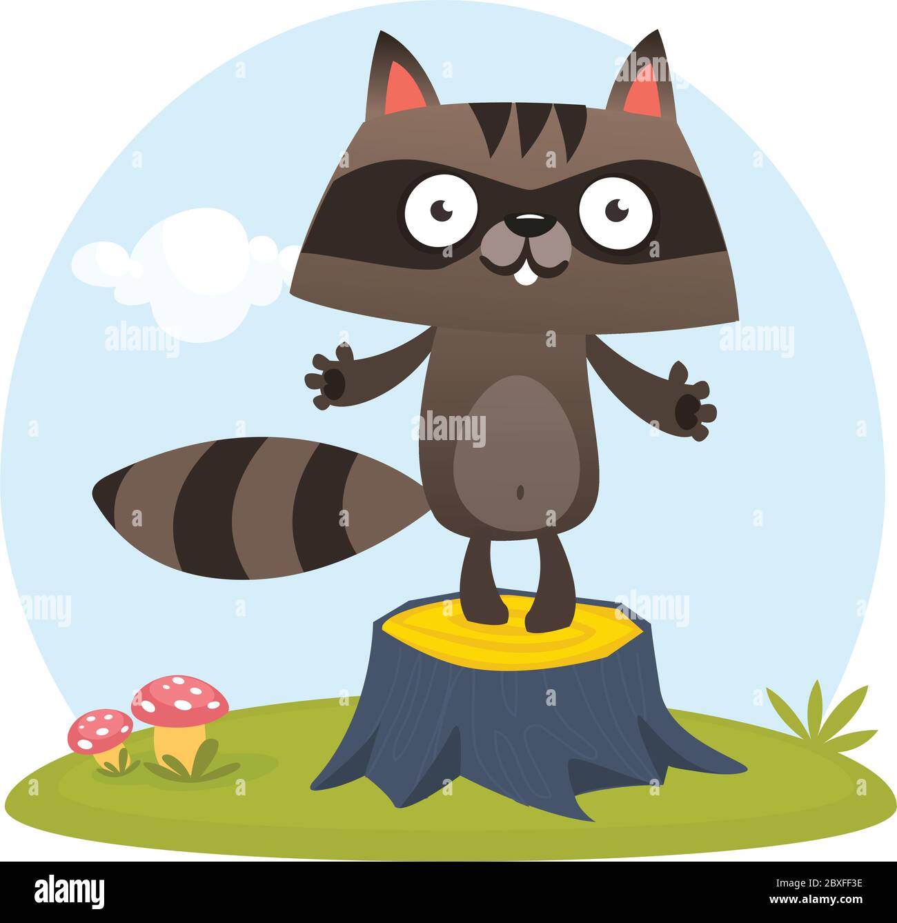 Cute cartoon raccoon character standing on a tree stump in the meadow ...