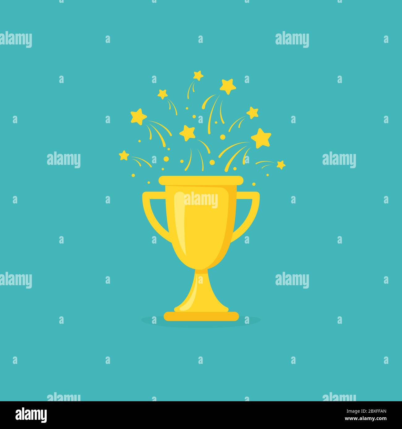 Gold trophy, winning cup with firework stars isolated on blue ...