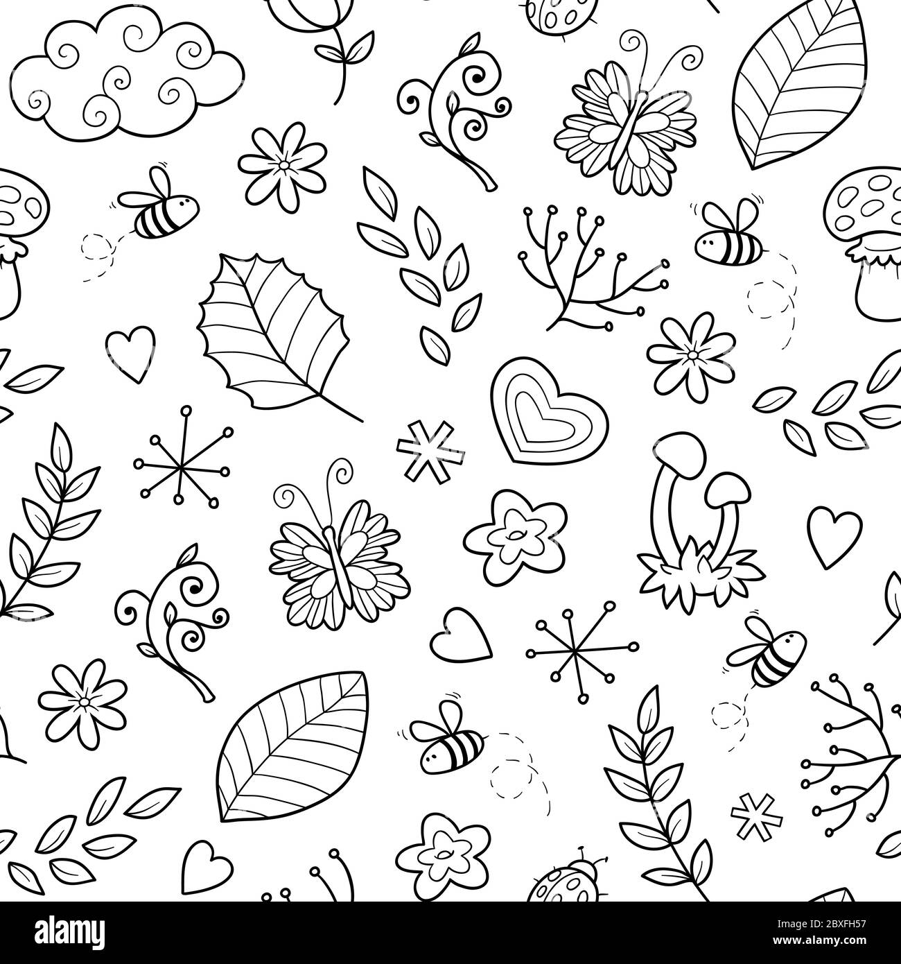 Vector black and white seamless pattern with items of nature on white ...