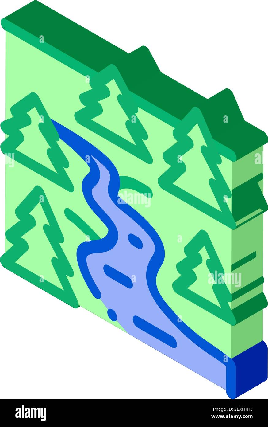 flowing river among forest isometric icon vector illustration Stock ...