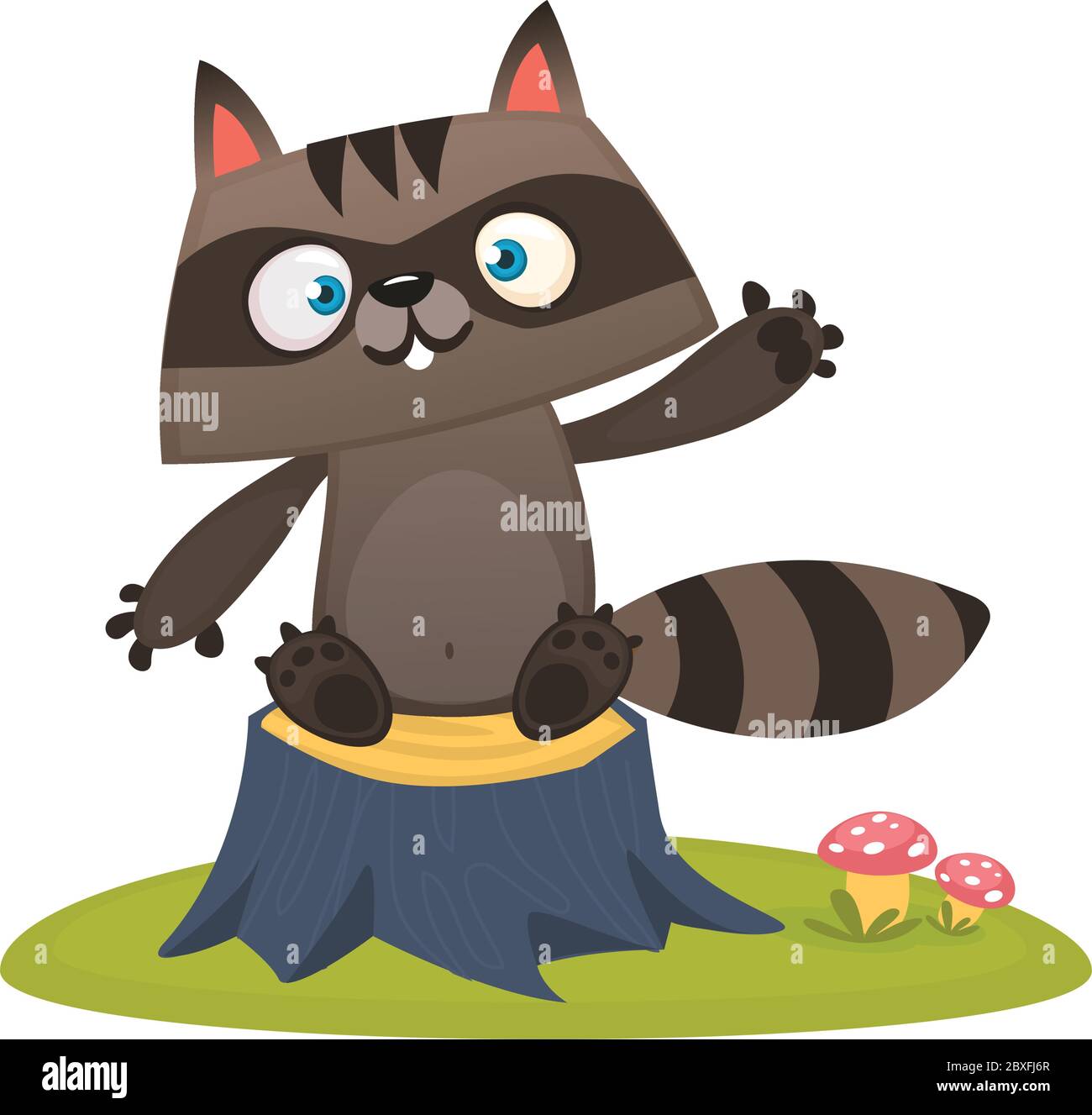 Funny cartoon raccoon waving a paw ad sitting on a tree stump. Vector ...