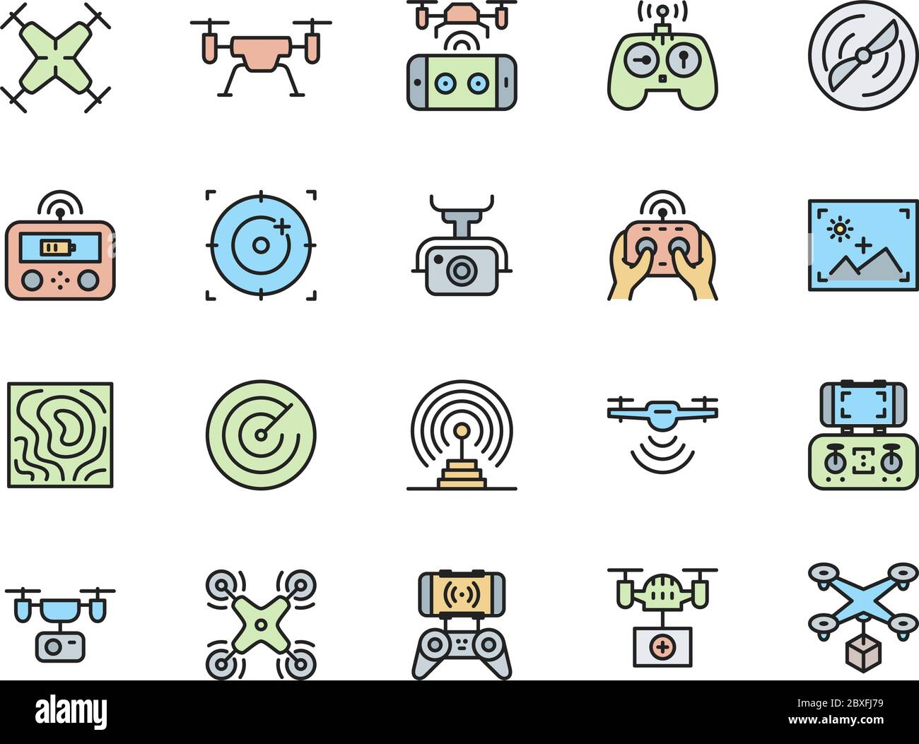 Set of Drone Color Line Icons. Remote Controller, Propeller, Camera and ...