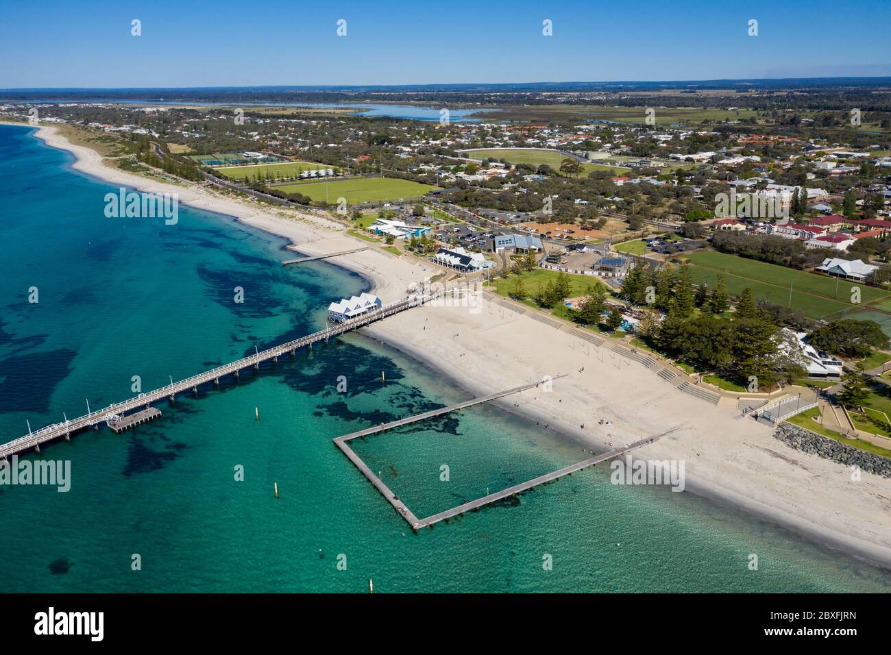 Aerial view of Busselton pier, the worlds longest wooden structure ...