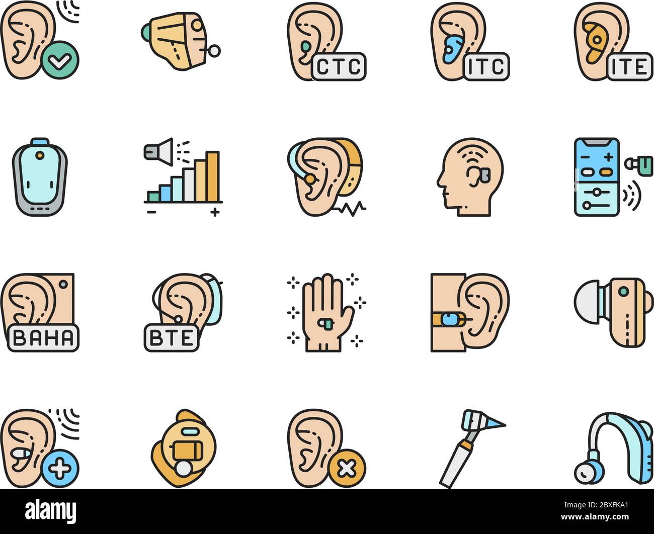 Set of Hearing Aid Color Icons. Ear Canal, Volume Control, Headphones ...