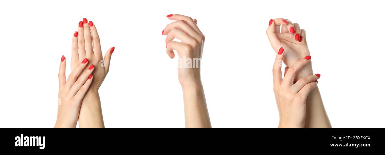 Set of female hands with red nails on white background Stock Photo - Alamy