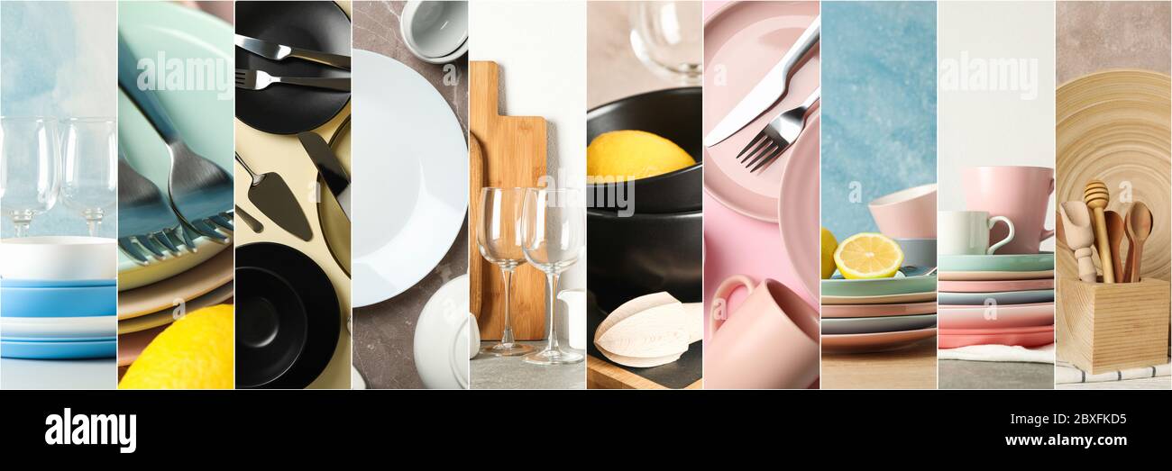 Collage with different tableware on different backgrounds Stock Photo ...