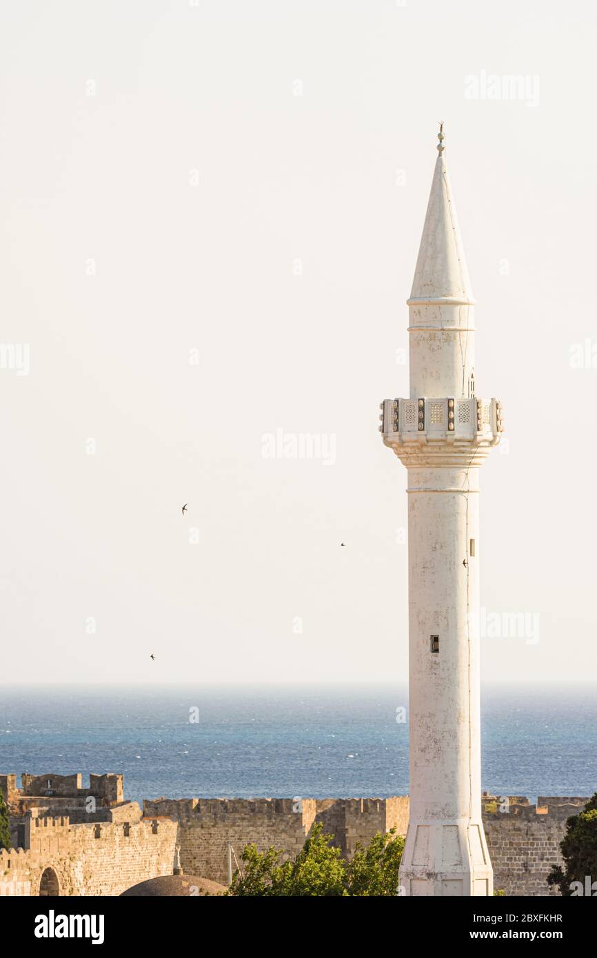 The Ibrahim Pasha Mosque minaret in old Rhodes Town, Rhodes, Greece ...
