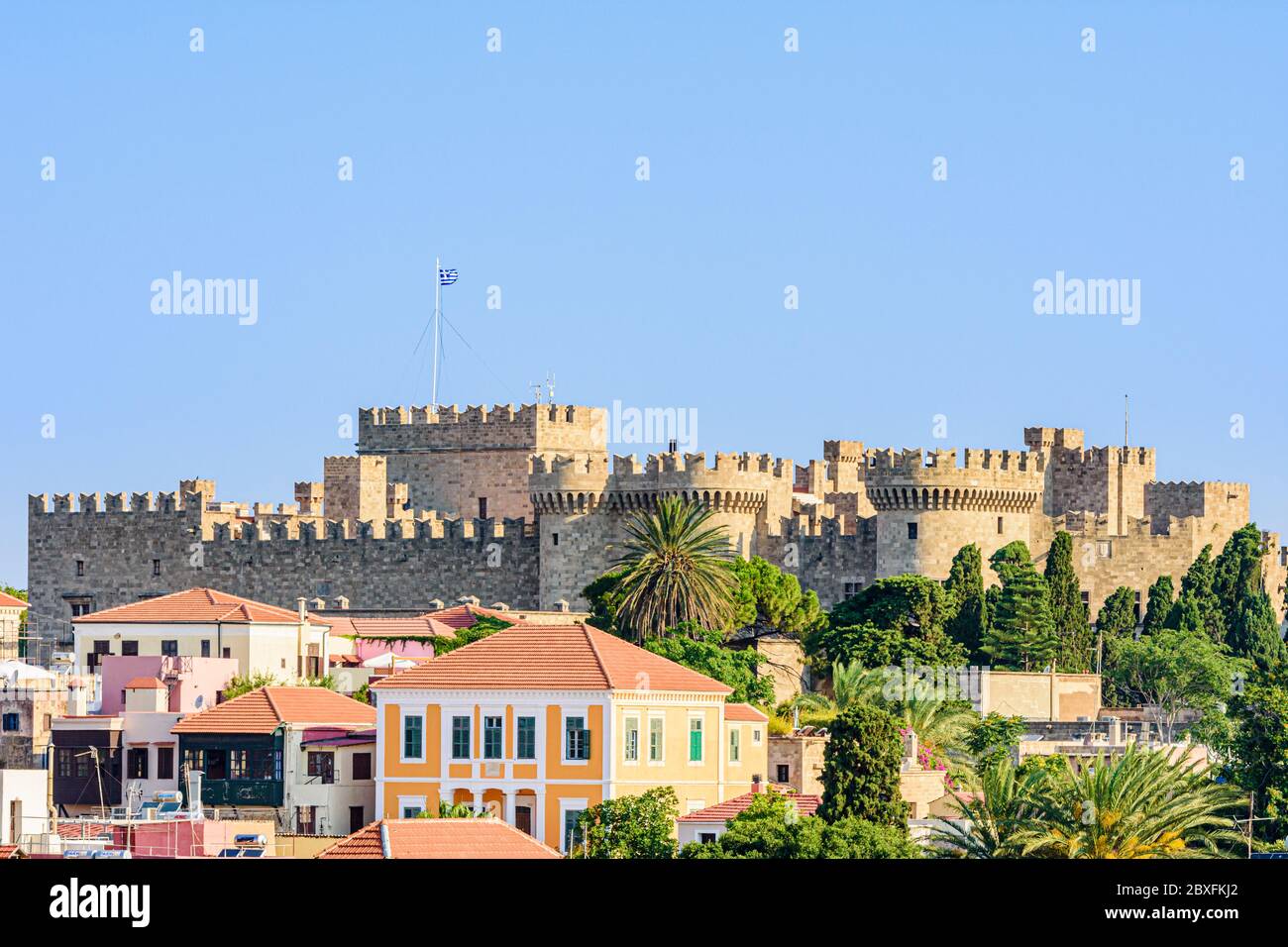 Palace of the Grand Masters over views of old Rhodes Town, Rhodes ...