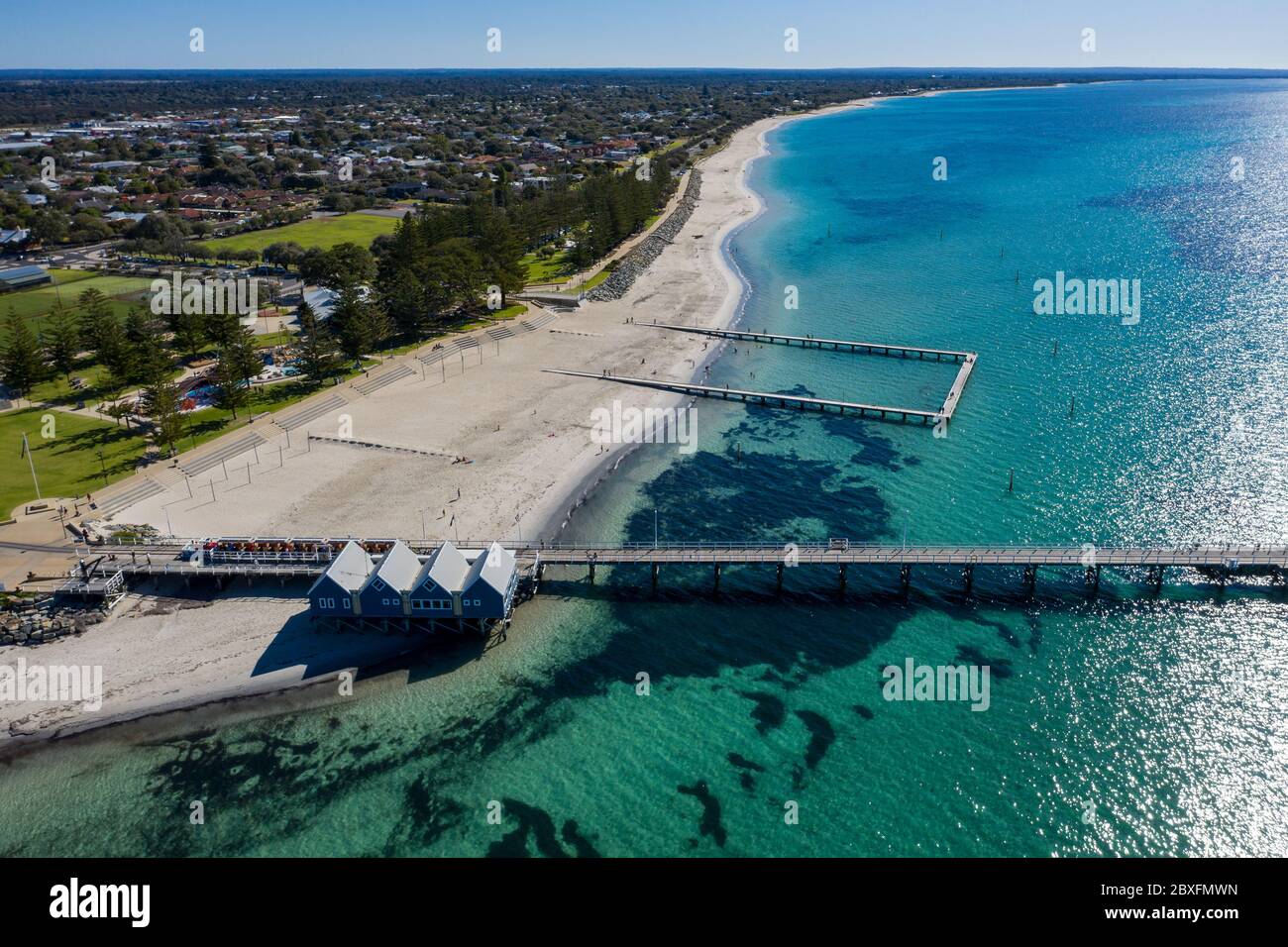 Aerial view of Busselton pier, the worlds longest wooden structure ...