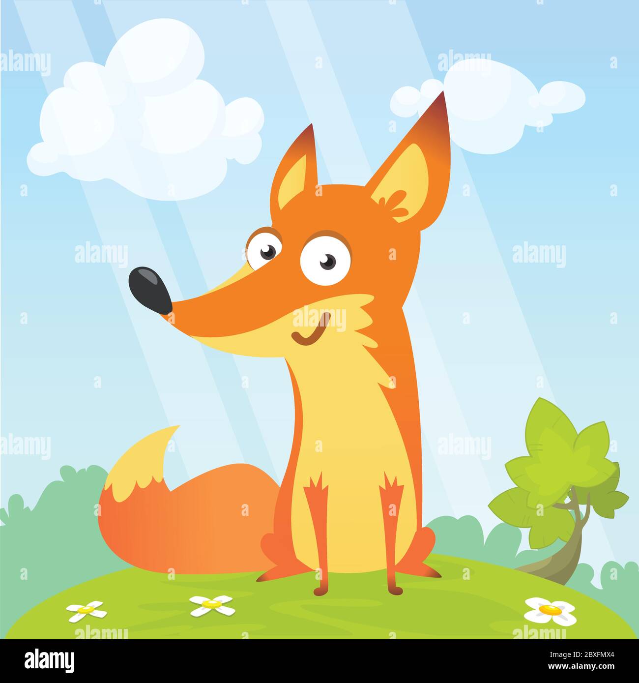 Cartoon cool little fox sitting on a meadow in summer season background ...