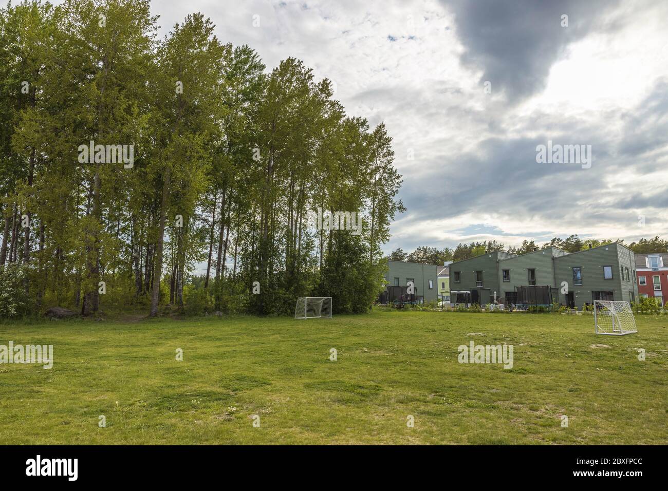 Beautiful landscape view of football goal on green grass lawn. Modern ...