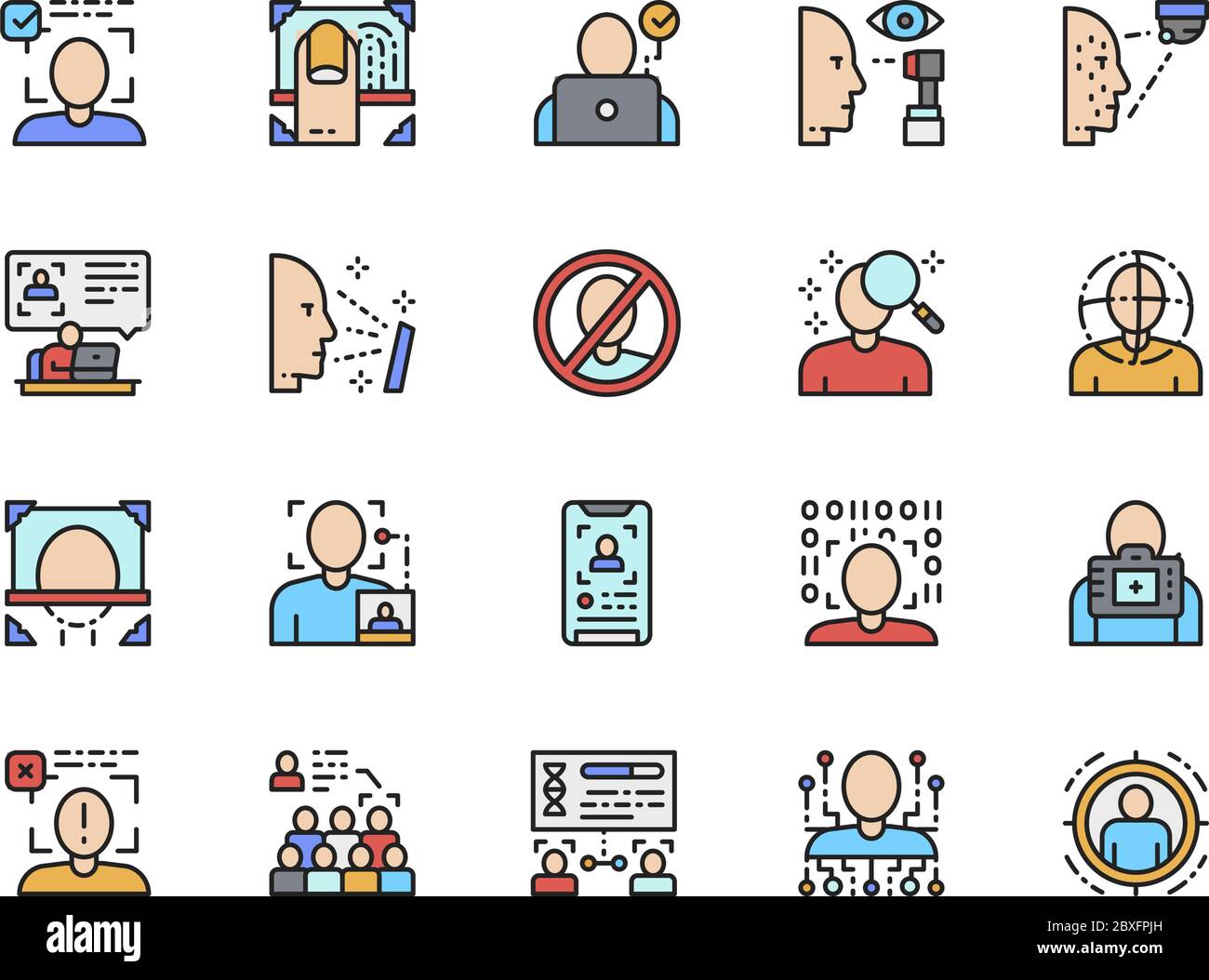 Set of Face Detection Color Line Icons. Id Verification, Fingerprint ...