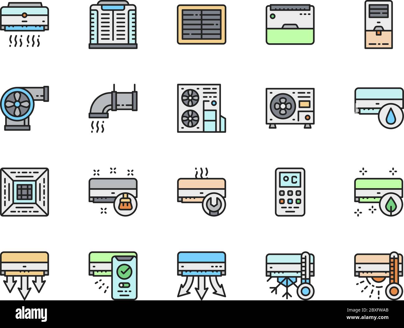 Set of Air Conditioning Color Line Icon. Multi-split System, Humidifier ...