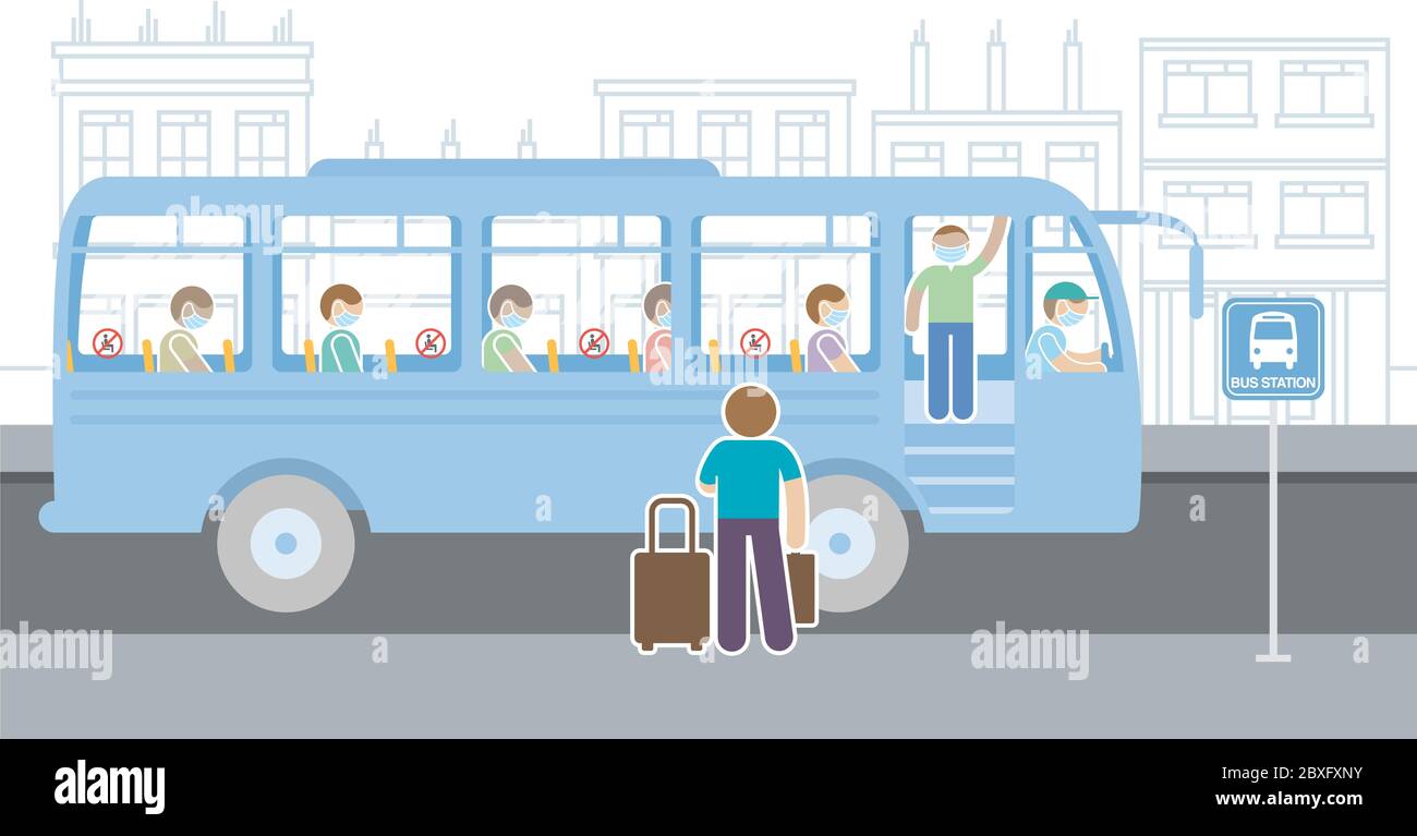 People with blue mask traveling by bus respecting social isolation ...