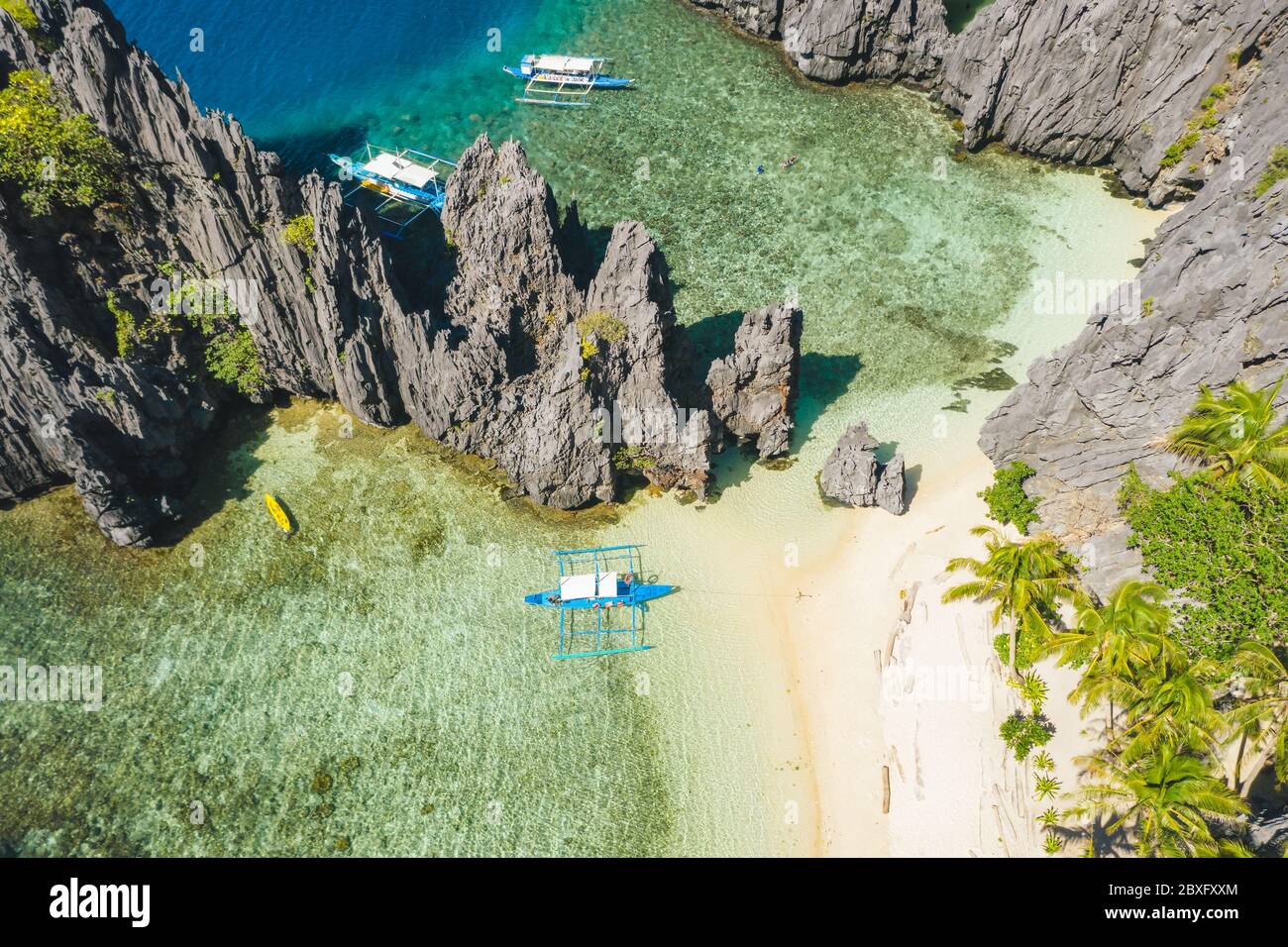 El Nido, Palawan, Philippines, aerial view of boats and karst scenery ...