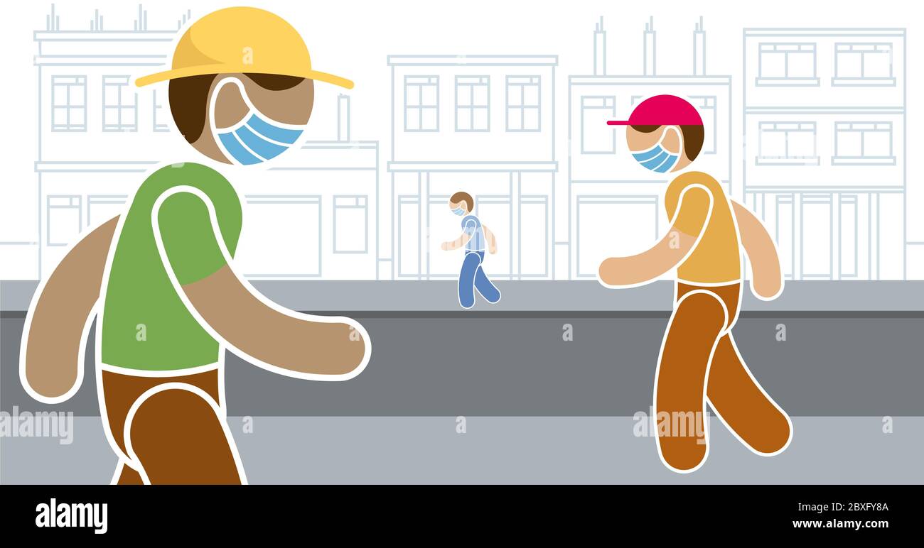 Simplified drawing of people wearing blue protection mask, against the ...